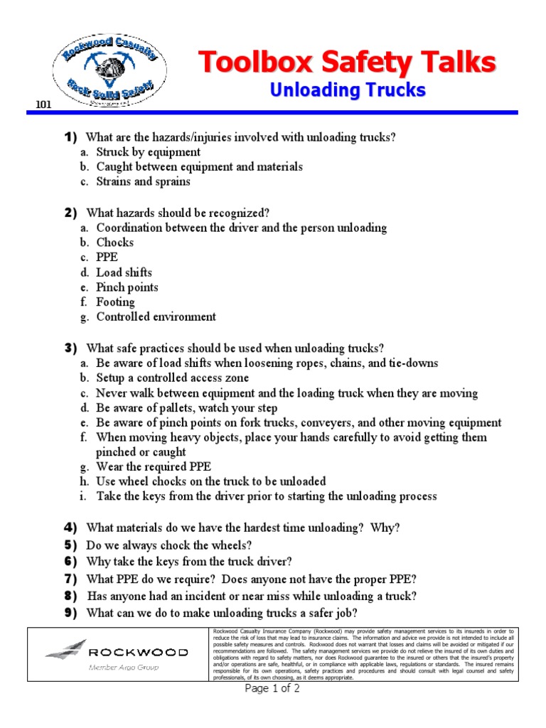 Rockwood Toolbox Safety Talks 101 Unloading Trucks | PDF | Safety ...