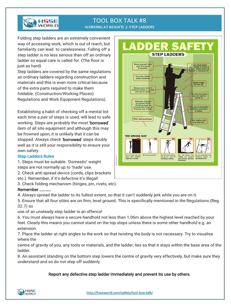 Tool Box Talk #8: Working at Heights 2. Step Ladders | PDF