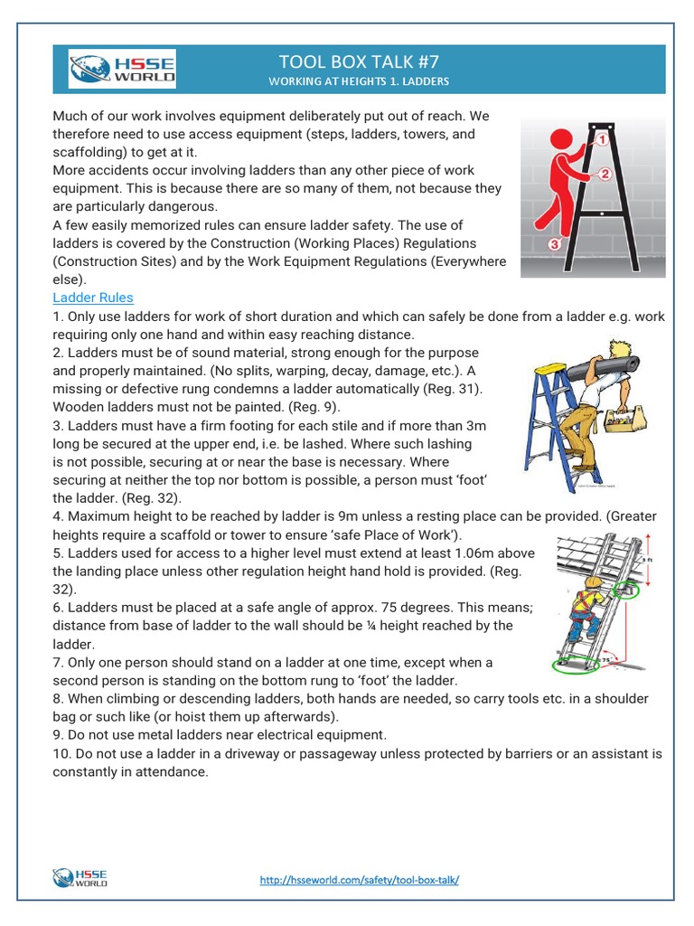 Tool Box Talk 7WORKING AT HEIGHTS 1. LADDERS | PDF