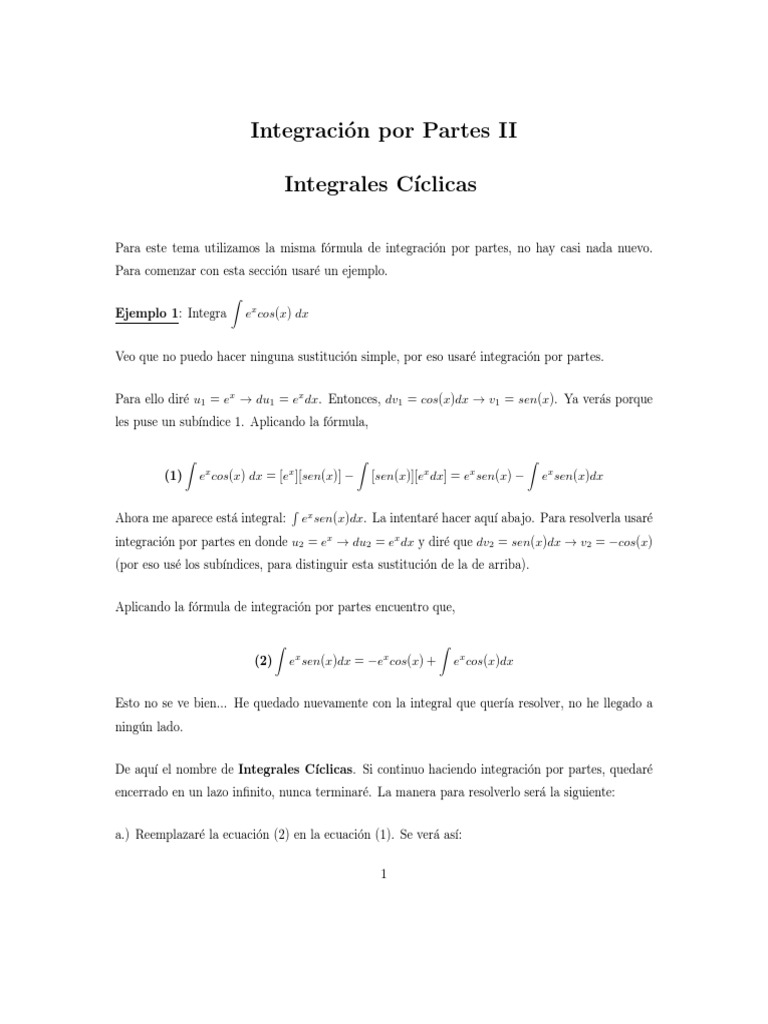 Integración por Partes y Cíclicas | PDF | Integral | Objetos matemáticos