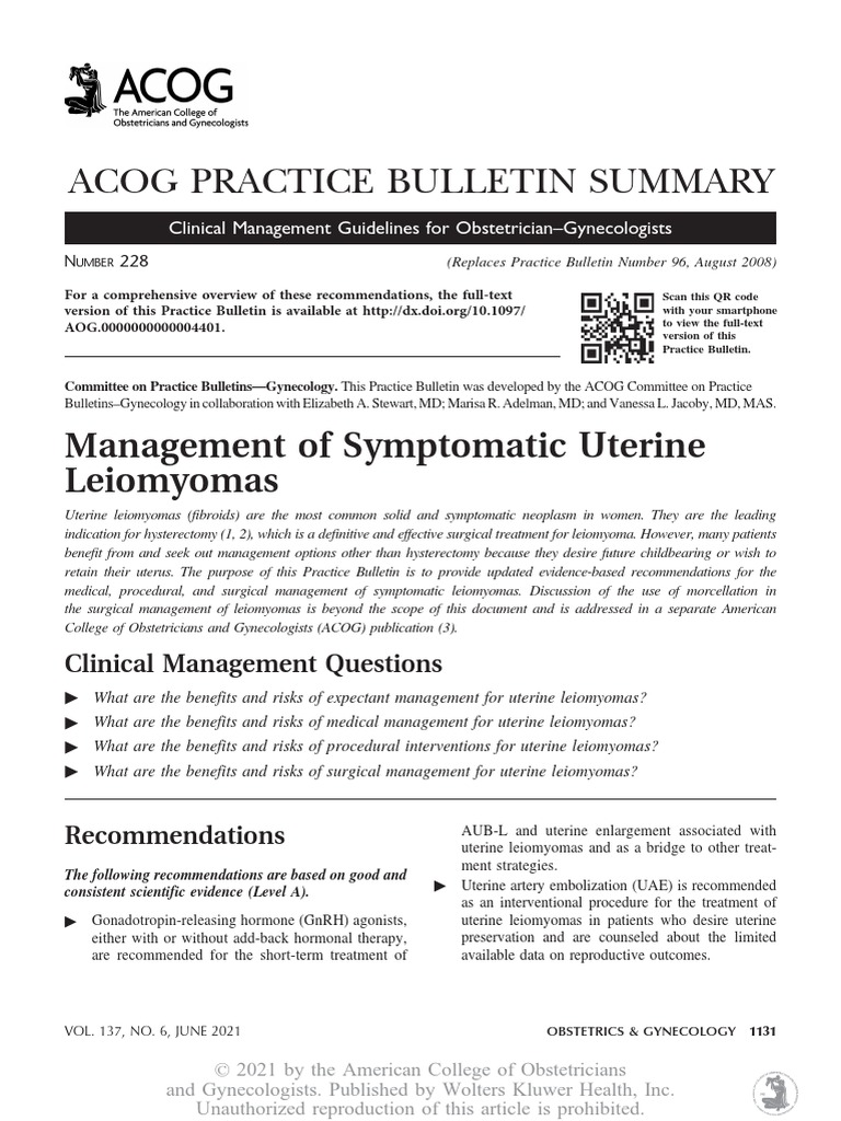 Acog Practice Bulletin Summary: Management of Symptomatic Uterine ...