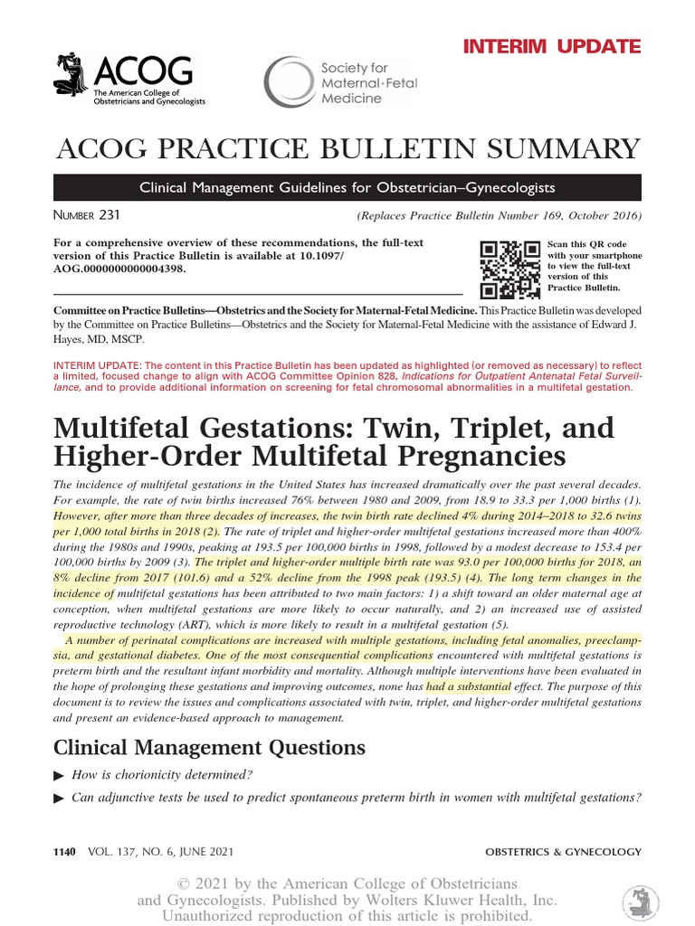 Acog Practice Bulletin Summary: Multifetal Gestations: Twin, Triplet ...