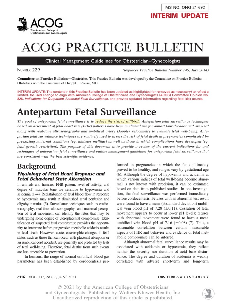 Acog Practice Bulletin: Antepartum Fetal Surveillance | PDF | Fetus ...