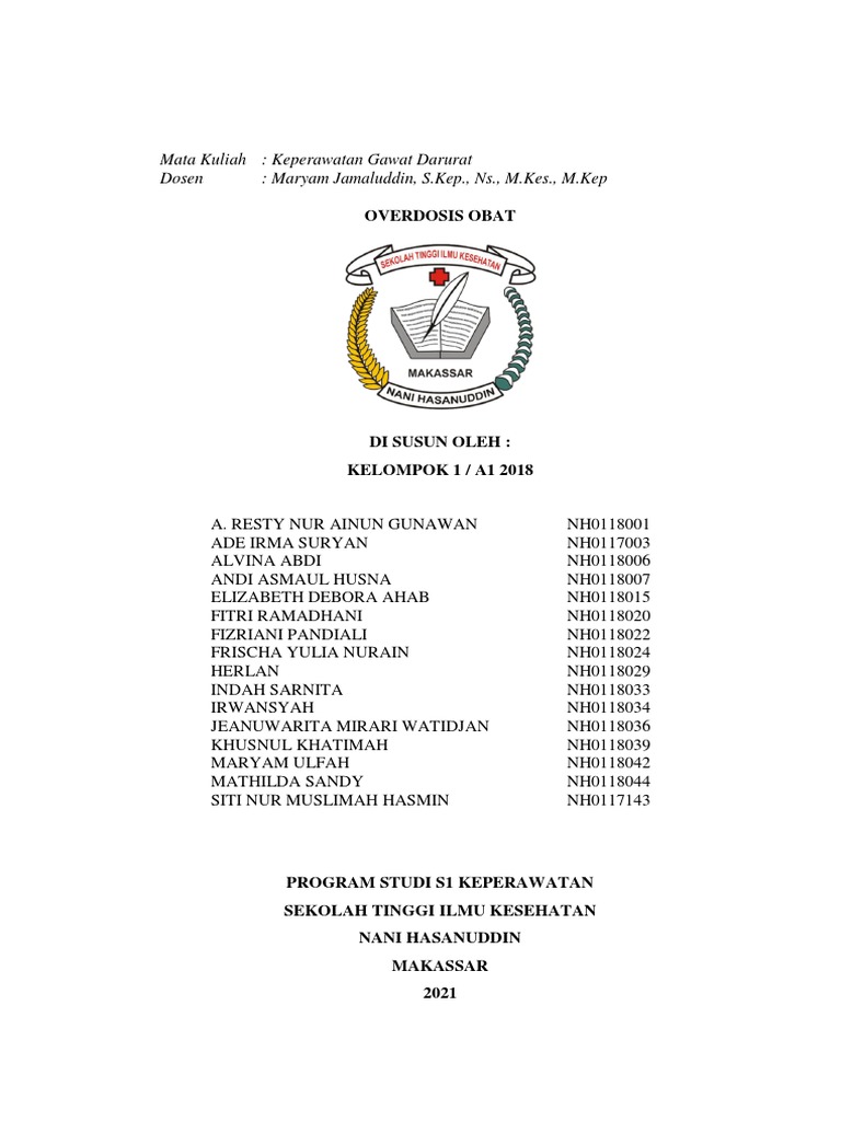 Tugas Makalah Overdosis Obat - Kep Gadar - Kelp 1 - Kelas A1 2018 | PDF | Kesehatan Holistik ...