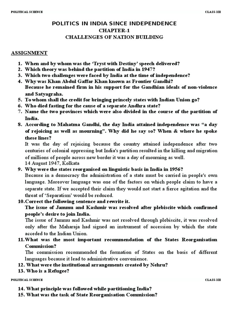 12 Political Science Challenges of Nation Building - Assignment PDF ...
