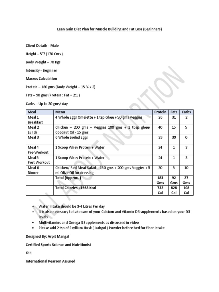Lean Gain Diet Plan for Beginners to Build Muscle and Lose Fat | PDF