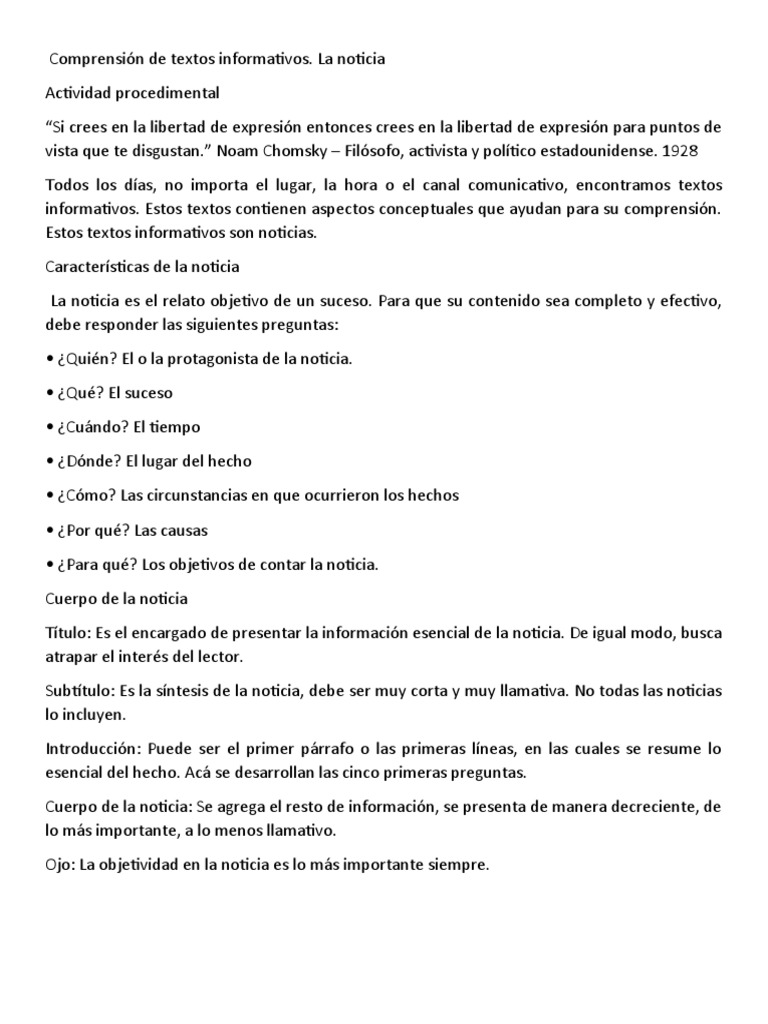 Taller. Comprensión de Textos Informativos - La Noticia | PDF ...