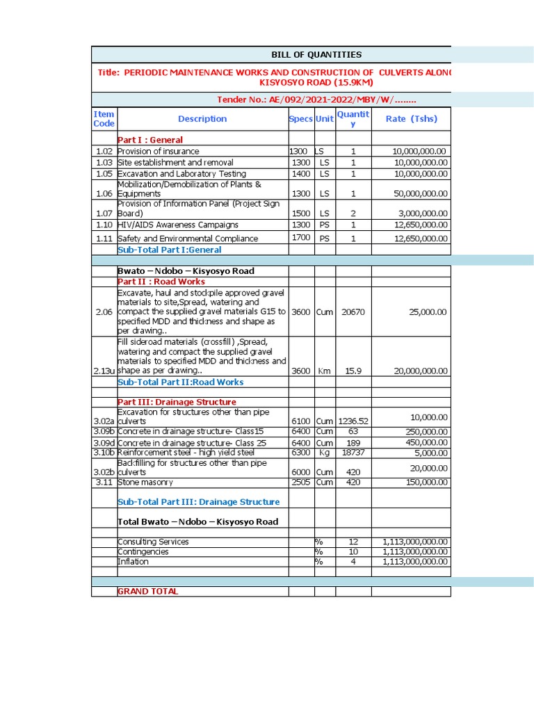 Road Maintenance & Culverts Bill | PDF | Building Materials | Building ...