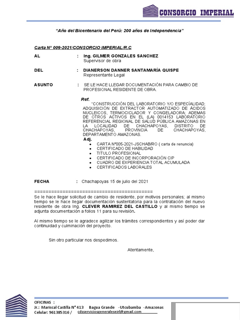 Carta 009 - Cambio de Residente | PDF