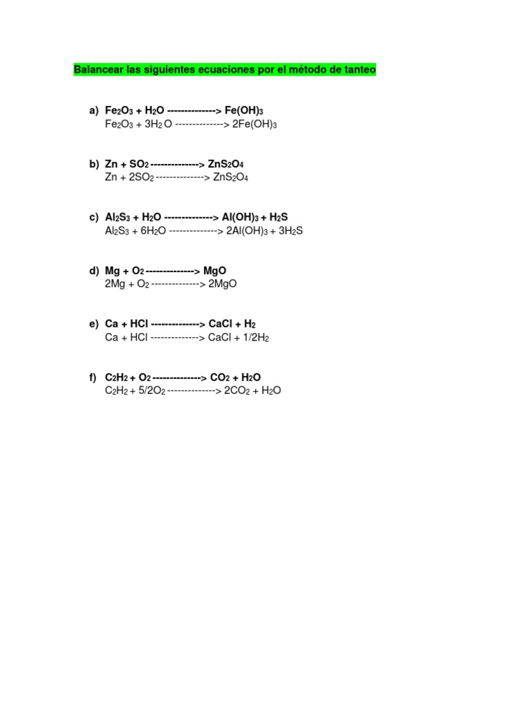 Química-Balanceo de Ecuaciones Químicas Por El Método de Tanteo | PDF