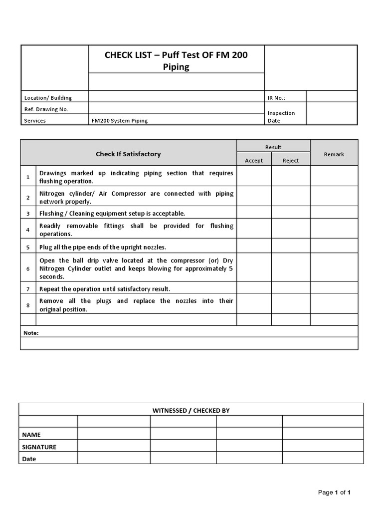 Check List - Puff Test of FM 200 Piping | PDF