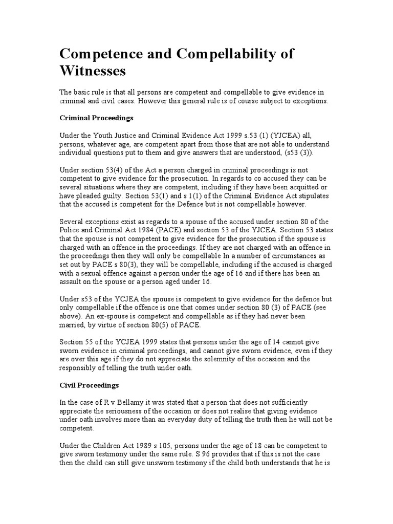 Competence and Compellability of Witnesses | PDF | Prosecutor | Evidence