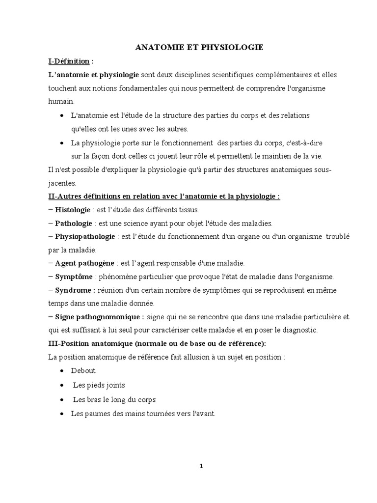 Cours No 01-Anatomie Et Physiologie | PDF