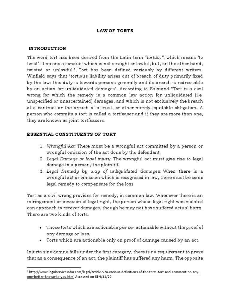 An Introduction to the Essential Elements and Principles of Tort Law ...