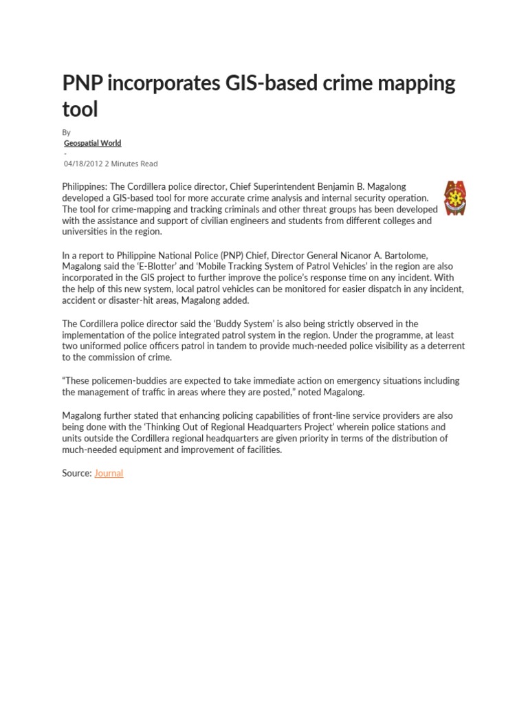 PNP Incorporates GIS-based Crime Mapping Tool | PDF