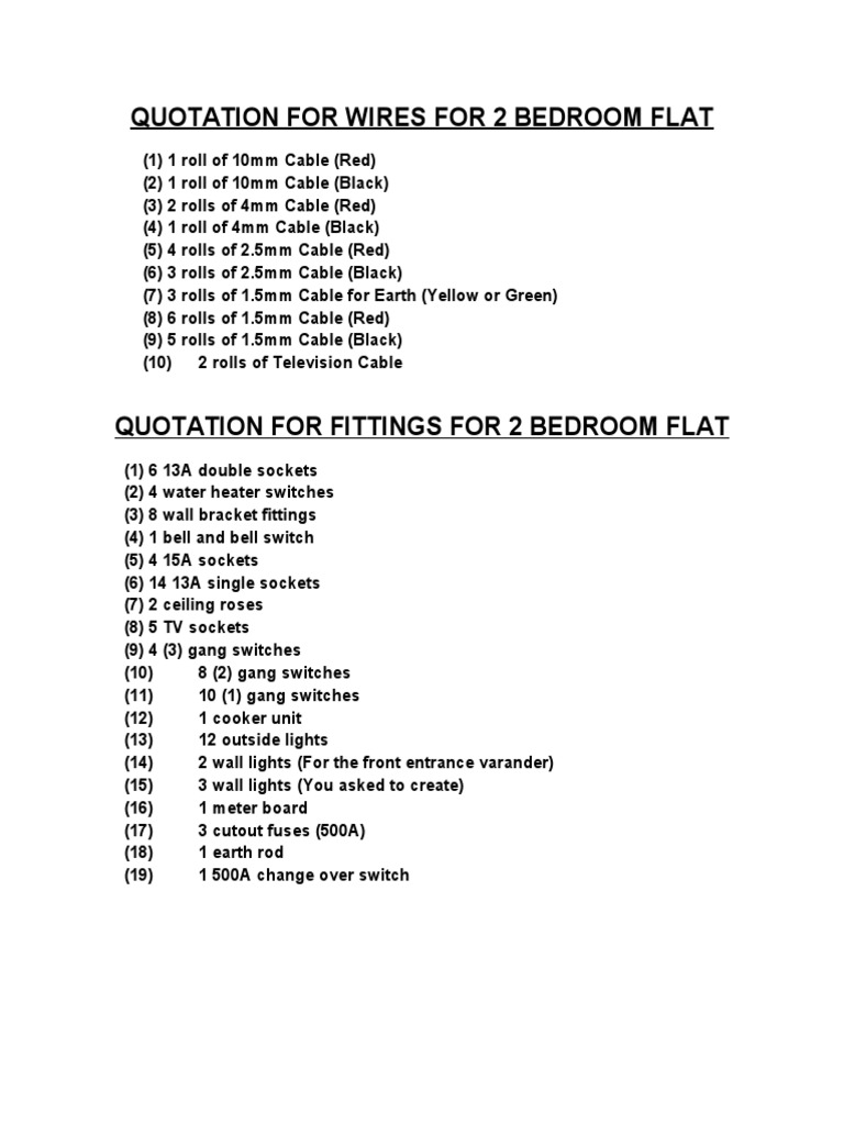 Quotation For Wires For 2 Bedroom Flat | PDF
