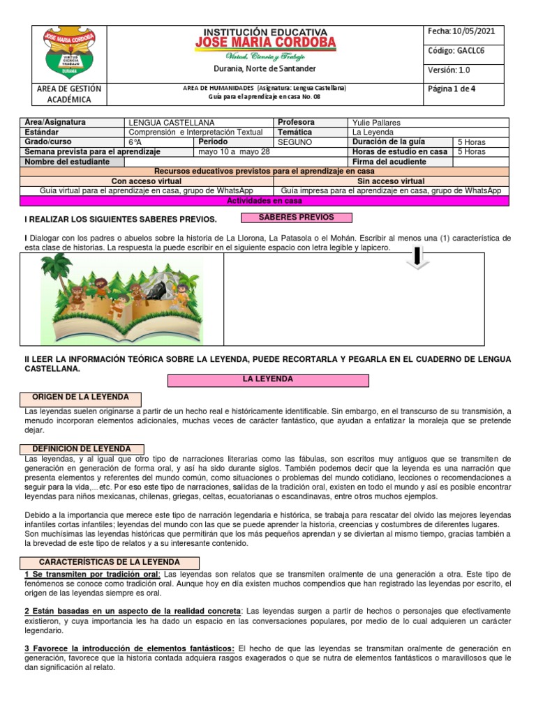 LC 6 Guía de Aprendizaje #8 La Leyenda | PDF | Leyendas | Aprendizaje