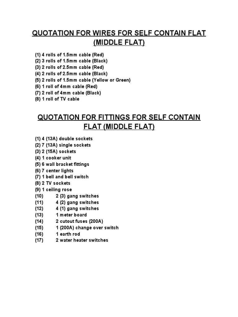 Quotation for Electrical Wiring Materials and Fittings for a Middle ...