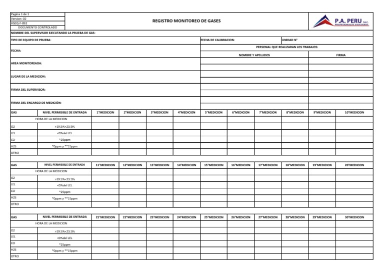 Hseq - F - 092 Formato Registro de Monitoreo de Gases | PDF