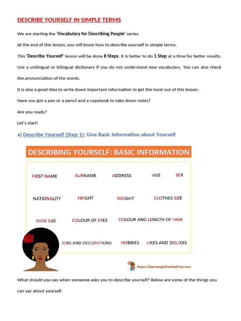 Describe Yourself in Simple Terms: A) Describe Yourself (Step 1) : Give ...