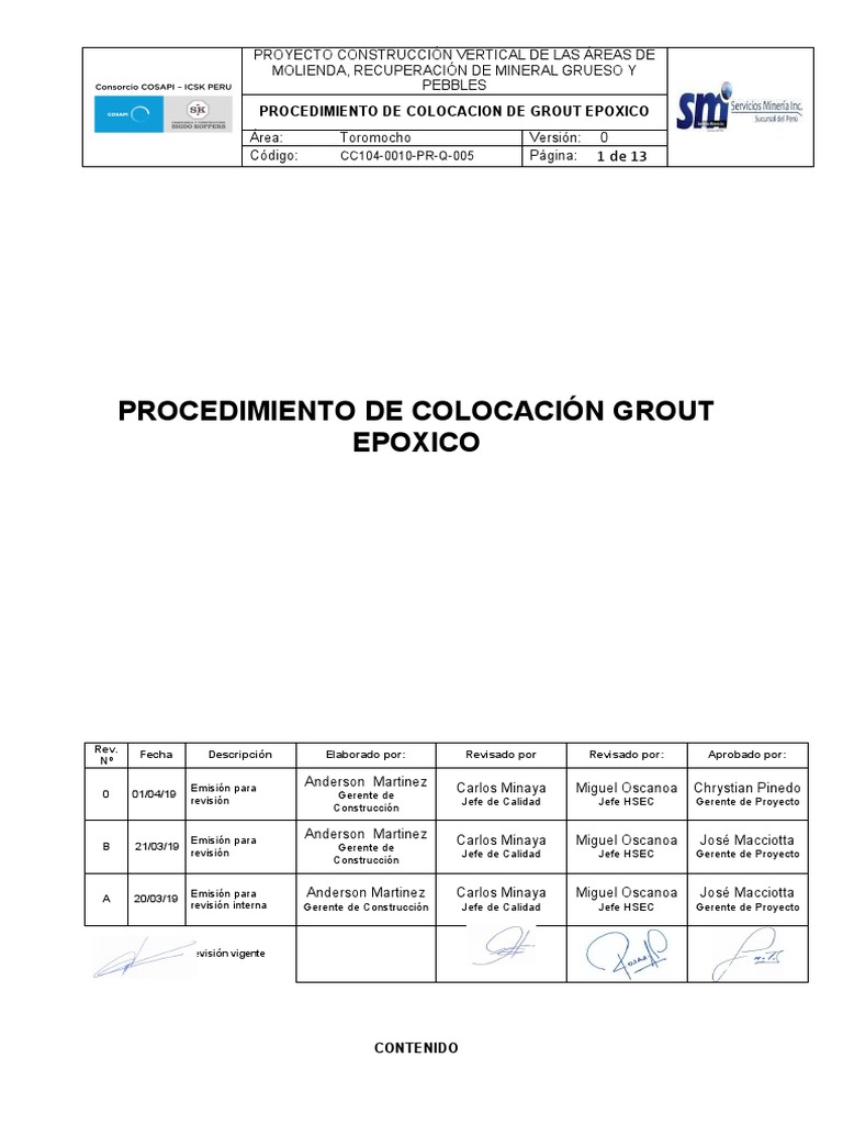 CC104-0010-PR-Q-005 - 0 Procedimiento para Aplicacion de Grout Epoxico | PDF | Epoxy | Hormigón