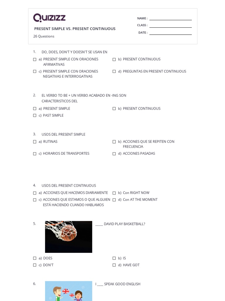 PRESENT SIMPLE VS. PRESENT CONTINUOUS - Print - Quizizz | PDF