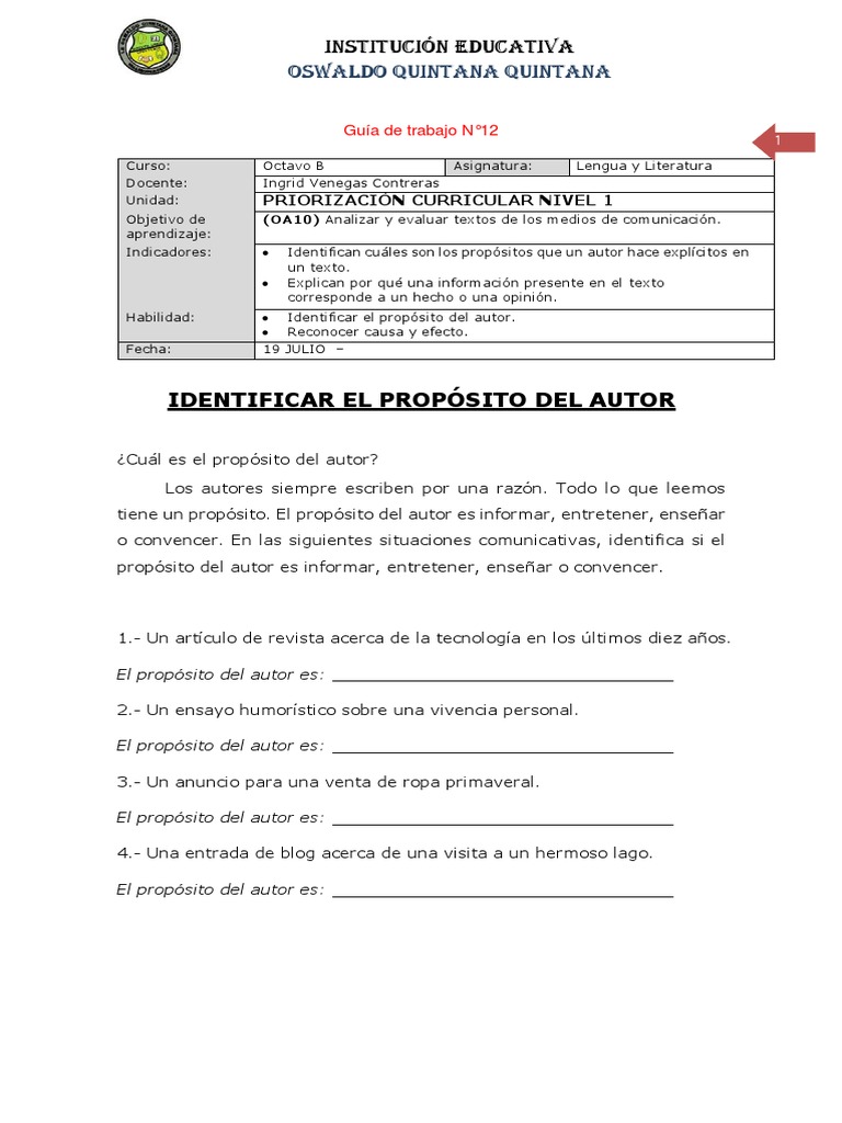 GUIA-12-11 Proposito Del Autor 2 Peeriodo | PDF | Comunicación | Cognición
