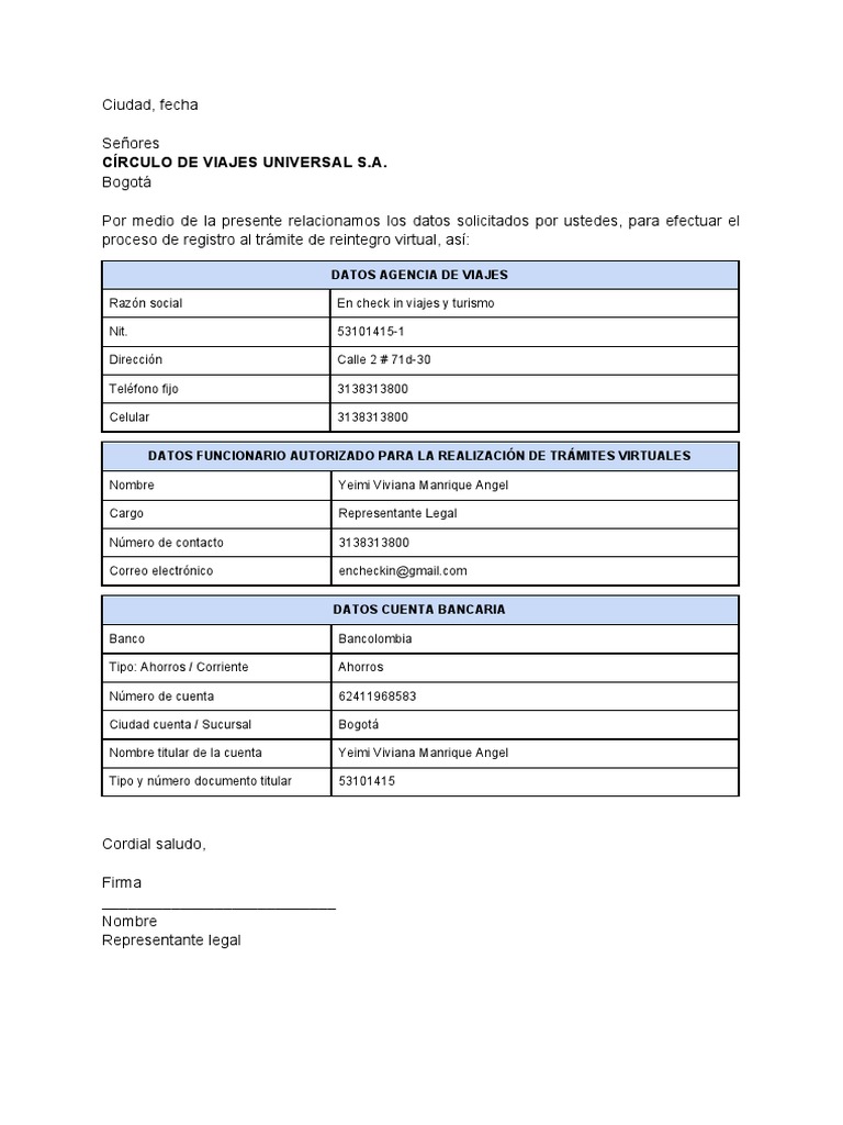 1-Modelo Carta Datos de Contacto Agencia | PDF