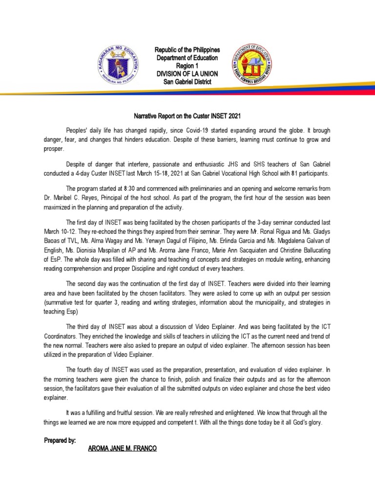 Narrative Report Inset Teachers Learning