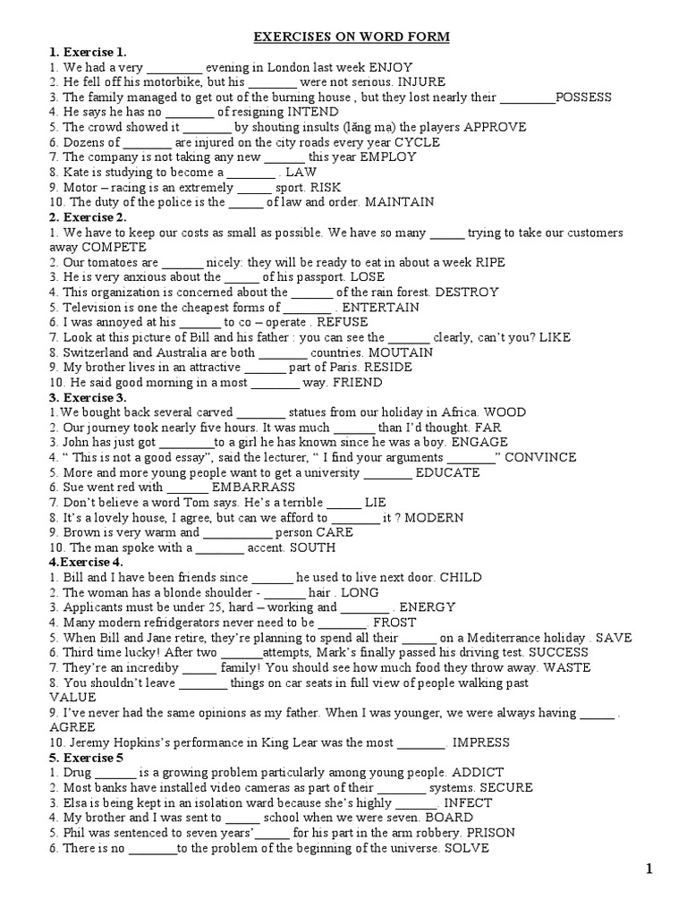 Exercises On Word Form 1. Exercise 1 | PDF