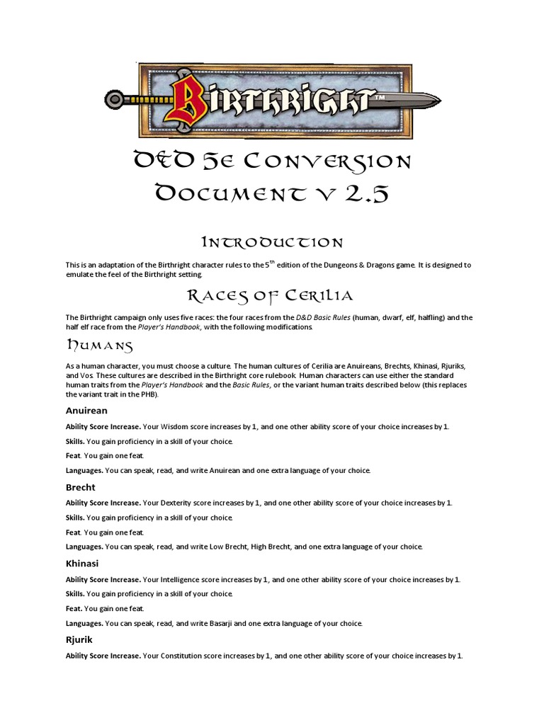 Birthright 5e Conversion v2.5 | PDF | Dwarf (Dungeons & Dragons) | Elf ...