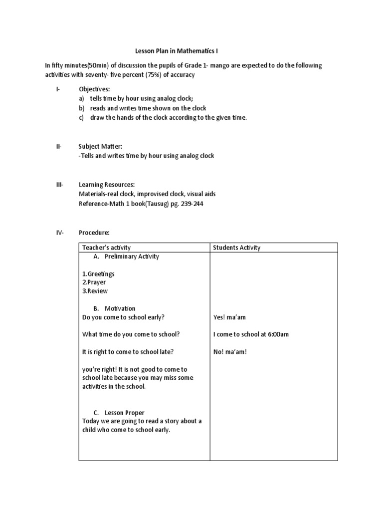 Teaching Time: A Lesson Plan on Telling and Drawing Analog Clock Times ...