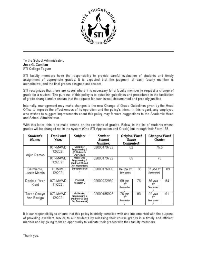 Letter of Change Grade | PDF | Business | Computing And Information ...