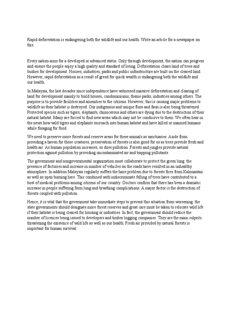 Essay - Rapid Deforestation Is Endangering Both The Wildlife and Our ...