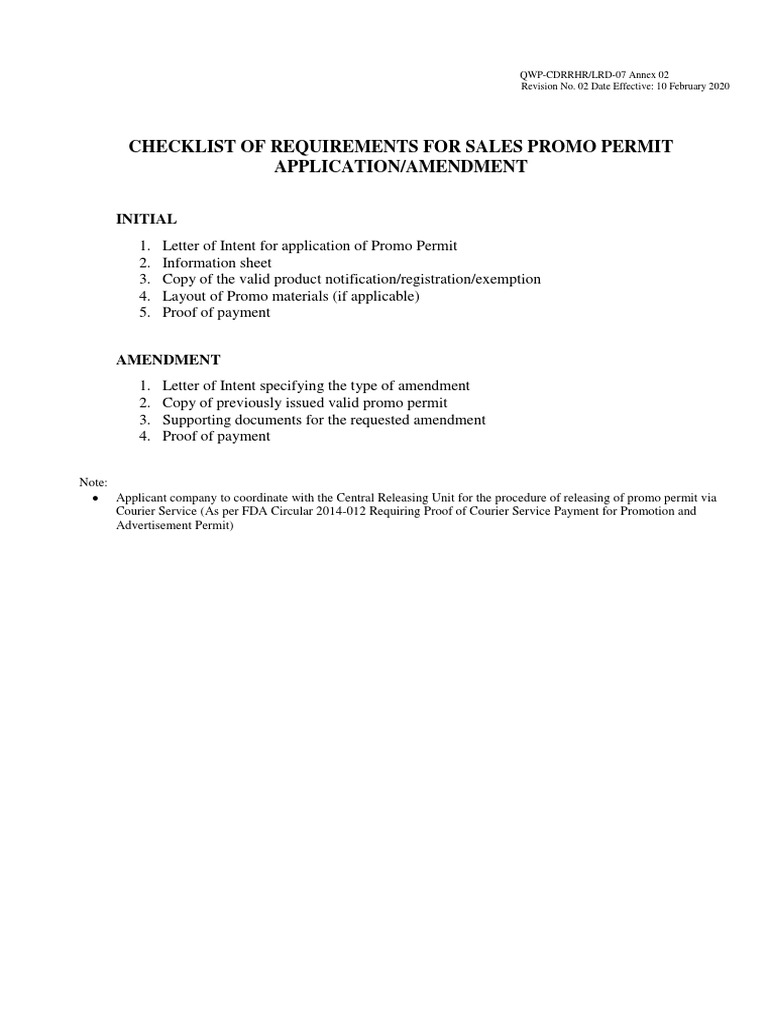 Checklist of Requirements For Sales Promo Permit Application/Amendment ...
