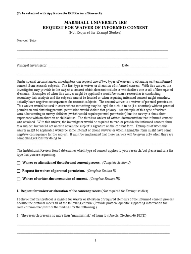 Marshall University Irb Request For Waiver of Informed Consent | PDF ...