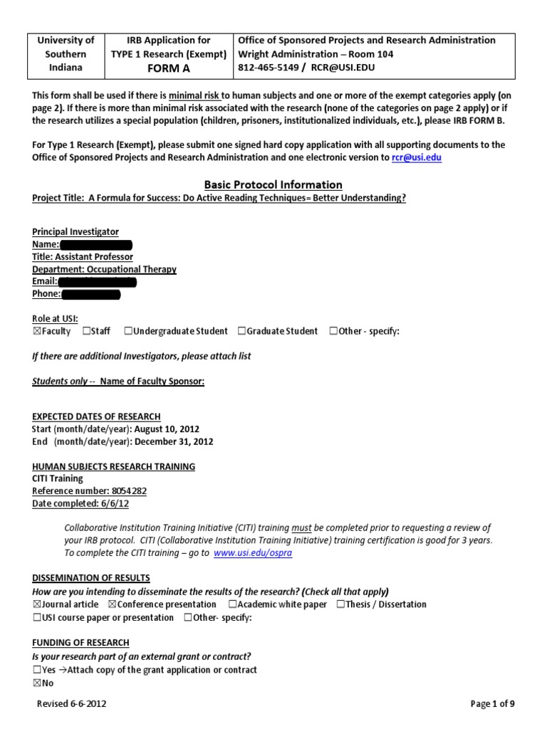 University of Southern Indiana IRB-protocol-Form-A-example-faculty ... University of Southern Indiana IRB-protocol-Form-A-example-faculty ...