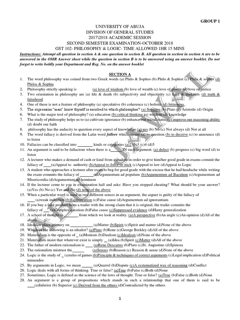 GST 102 Philosophy & Logic Exam Questions | PDF | Rationalism | Fallacy