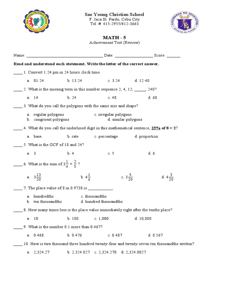 Grade 5 Math Achievement Test Review | PDF