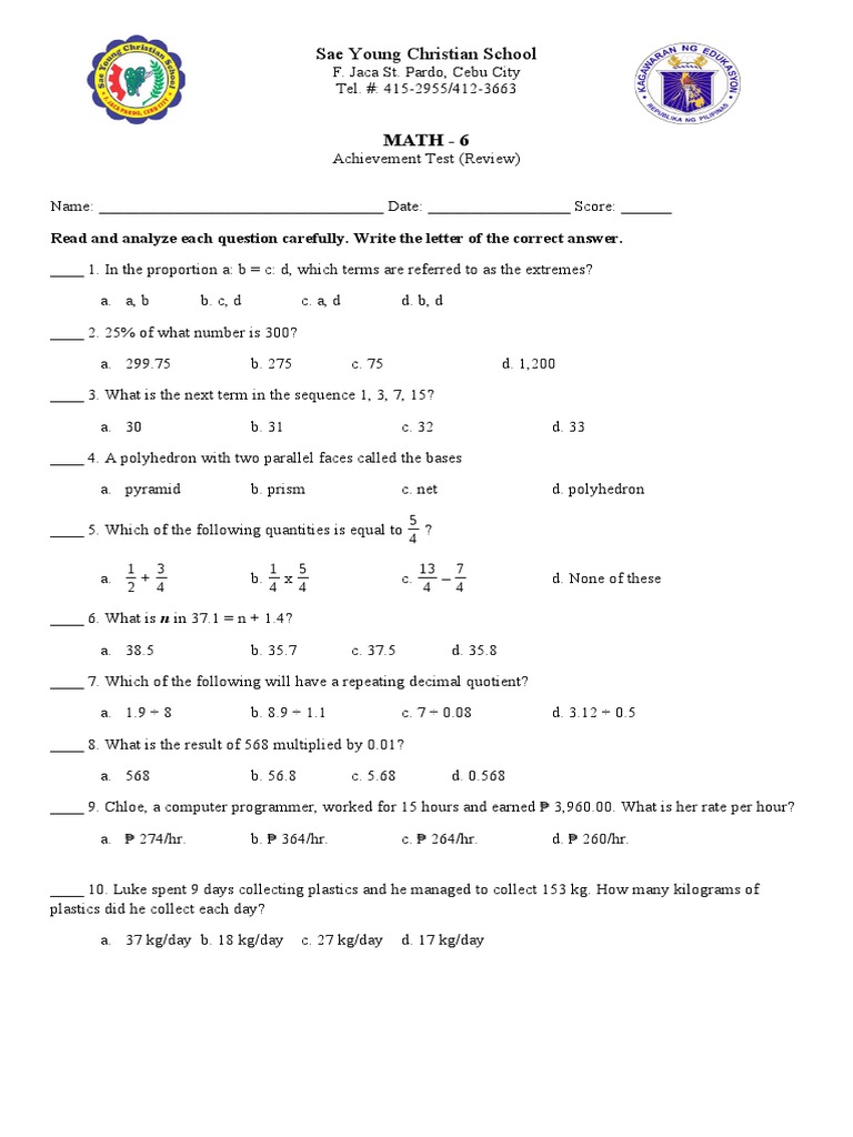 Grade 6 Math Achievement Test Review | PDF