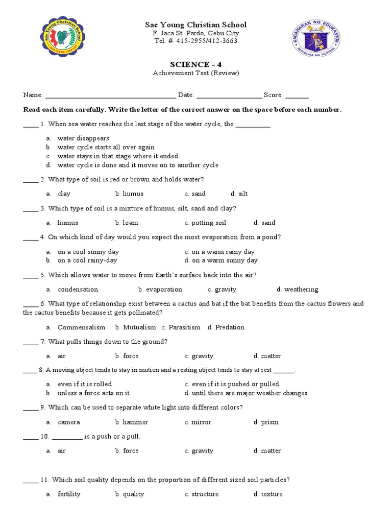 Science 4 Achievement Test (Review) | PDF | Gastrointestinal Tract | Soil