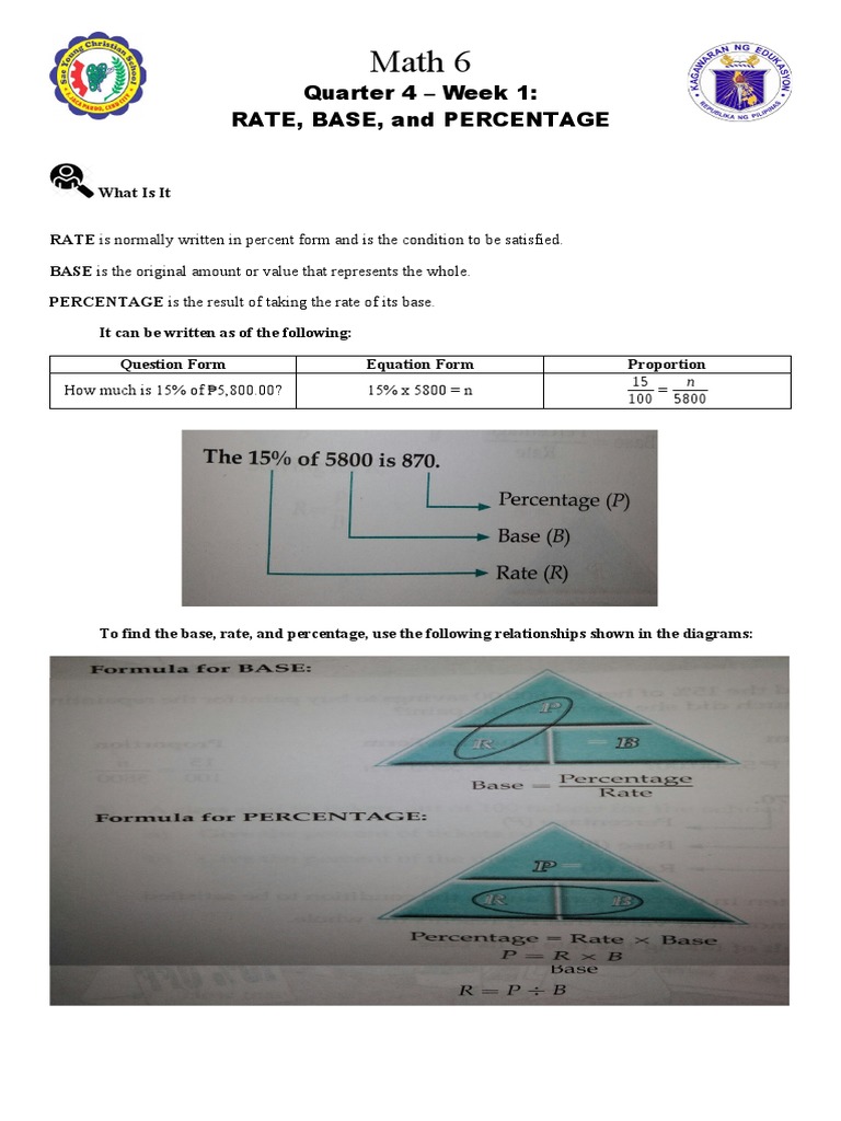 Math 6: Quarter 4 - Week 1: Rate, Base, and Percentage | PDF