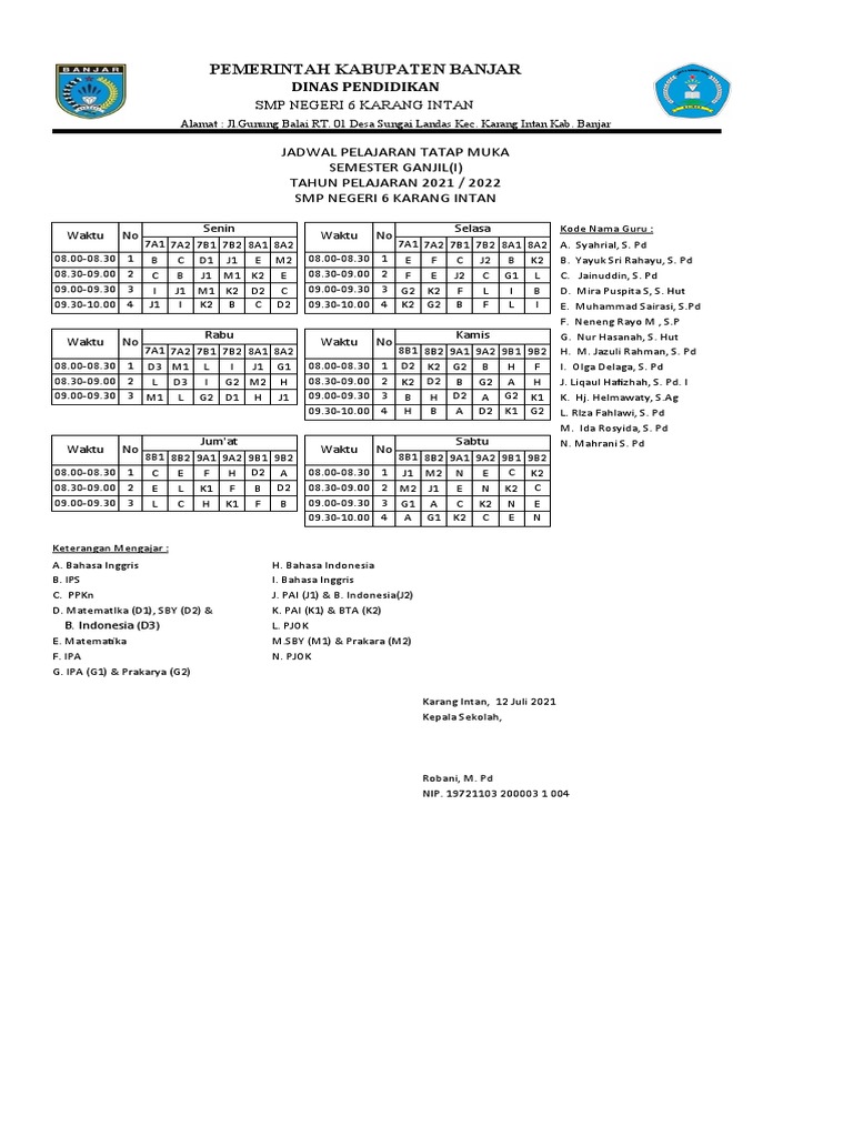 Jadwal Pelajaran PTM 2021 | PDF