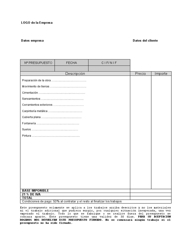 Plantilla Presupuesto Obra | PDF