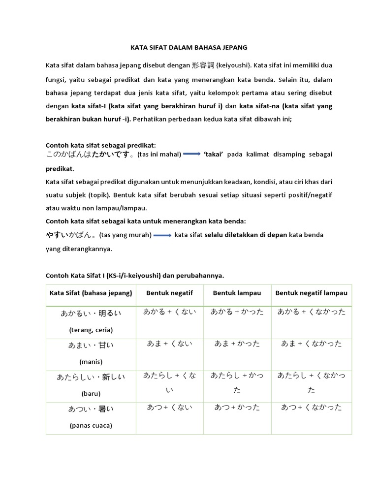 Kata Sifat Dalam Bahasa Jepang | PDF