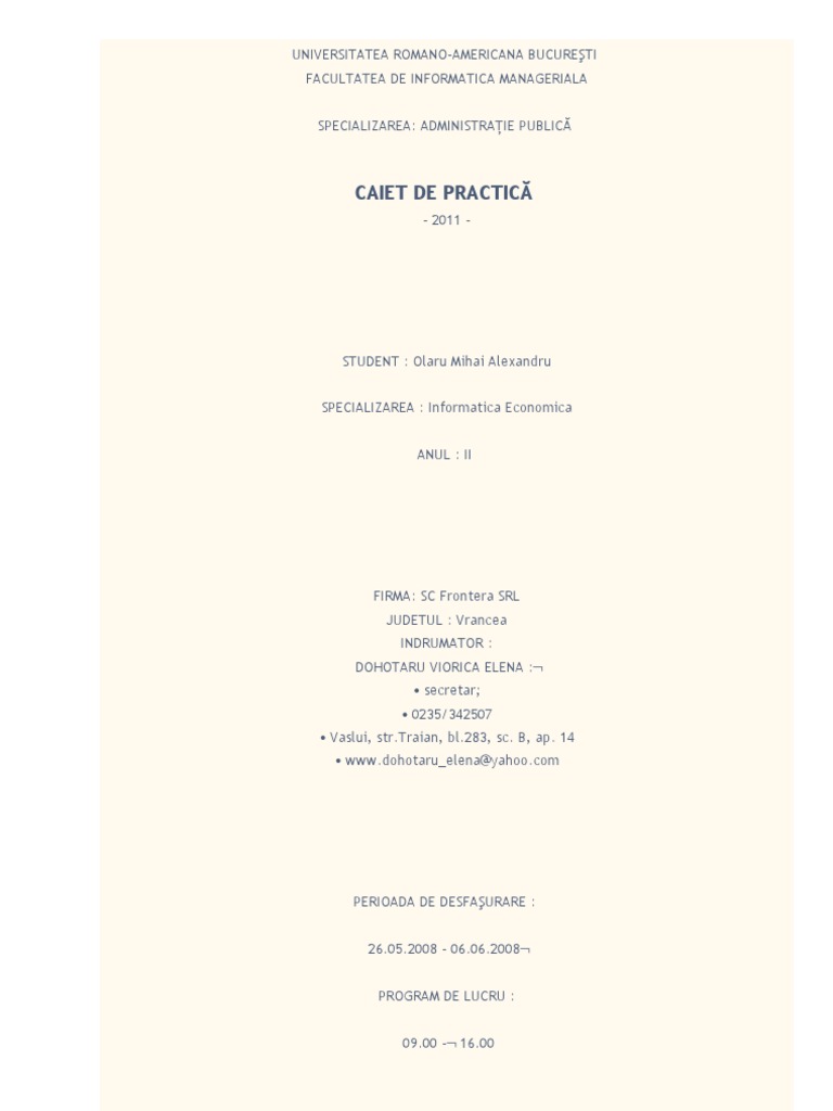 Filehost - MODEL CAIET DE PRACTICA PENTRU ANUL II | PDF