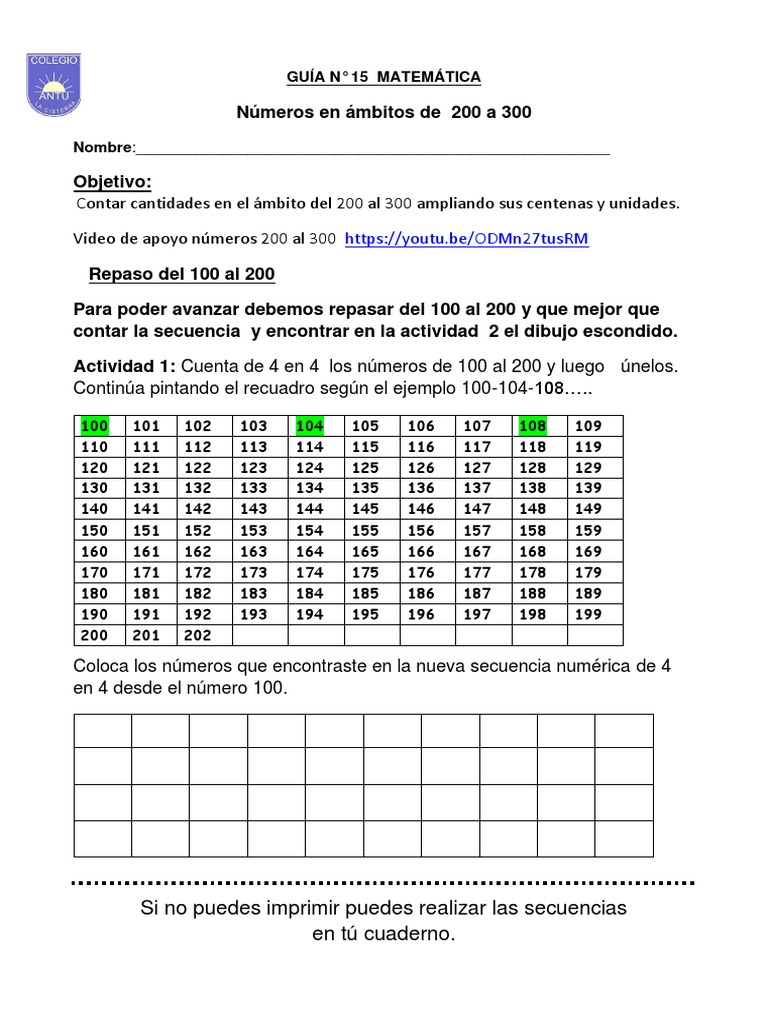 Actividades de Números del 200 al 300 | PDF