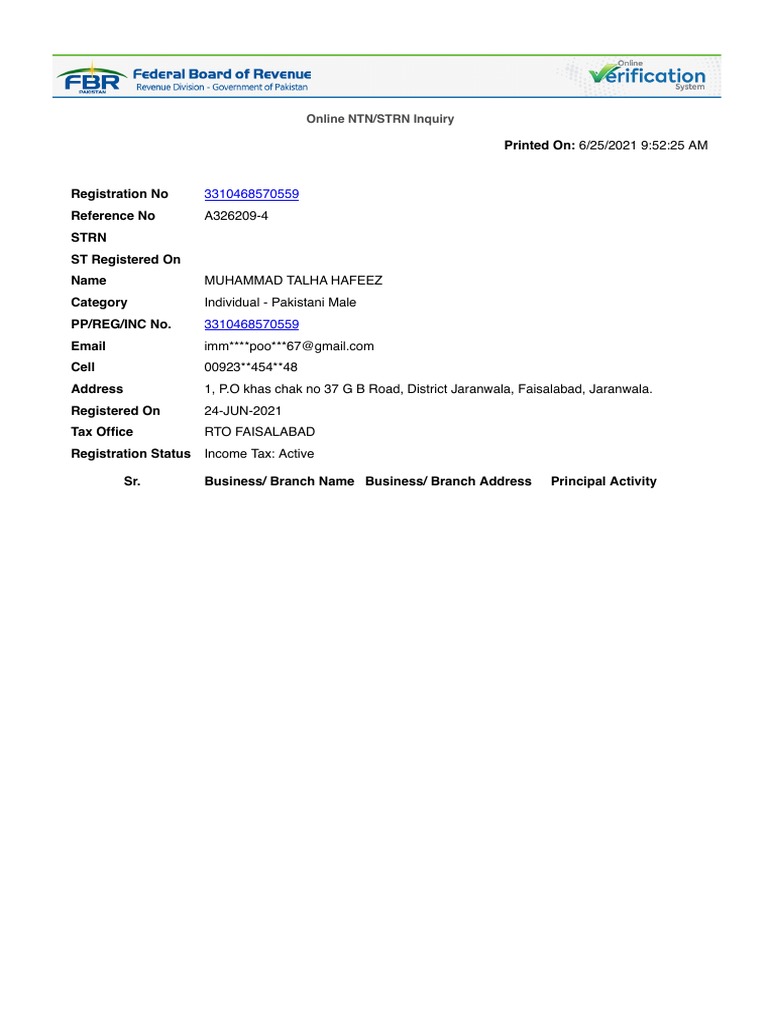 Printed On: 6/25/2021 9:52:25 AM: Online NTN/STRN Inquiry | PDF