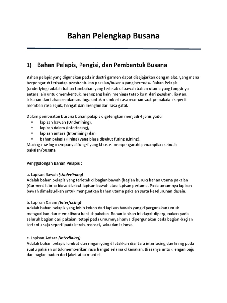 Jenis dan Fungsi Bahan Pelapis Busana | PDF