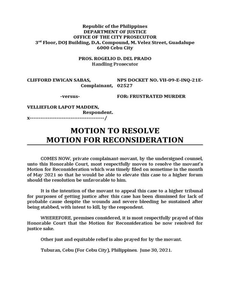 Motion To Resolve Motion For Reconsideration | PDF | Justice | Crime & Violence